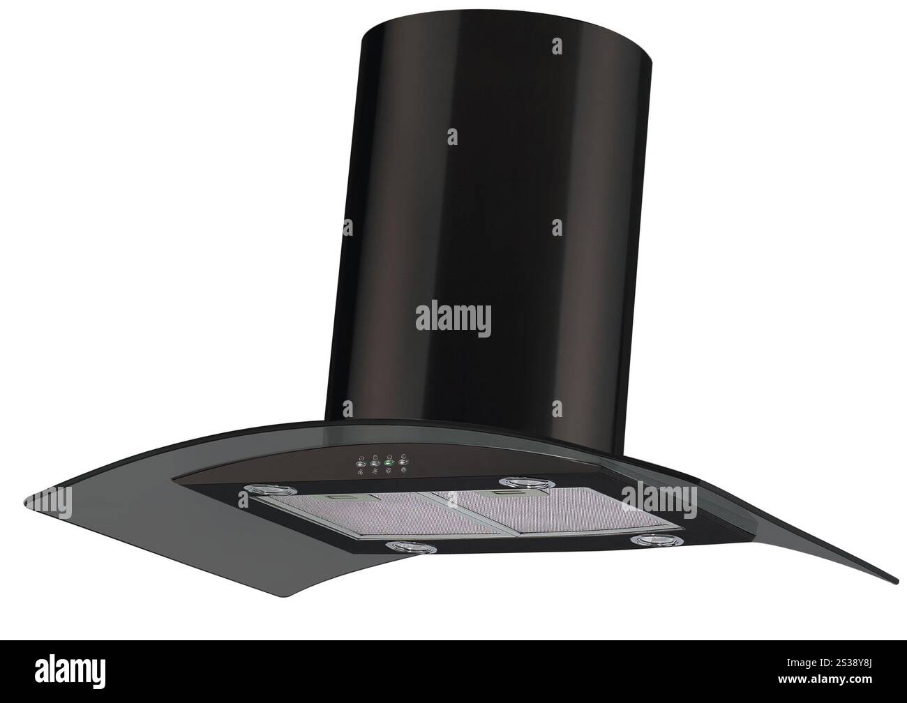 Sleek black cooker hood with touch control panel isolated on a white ...