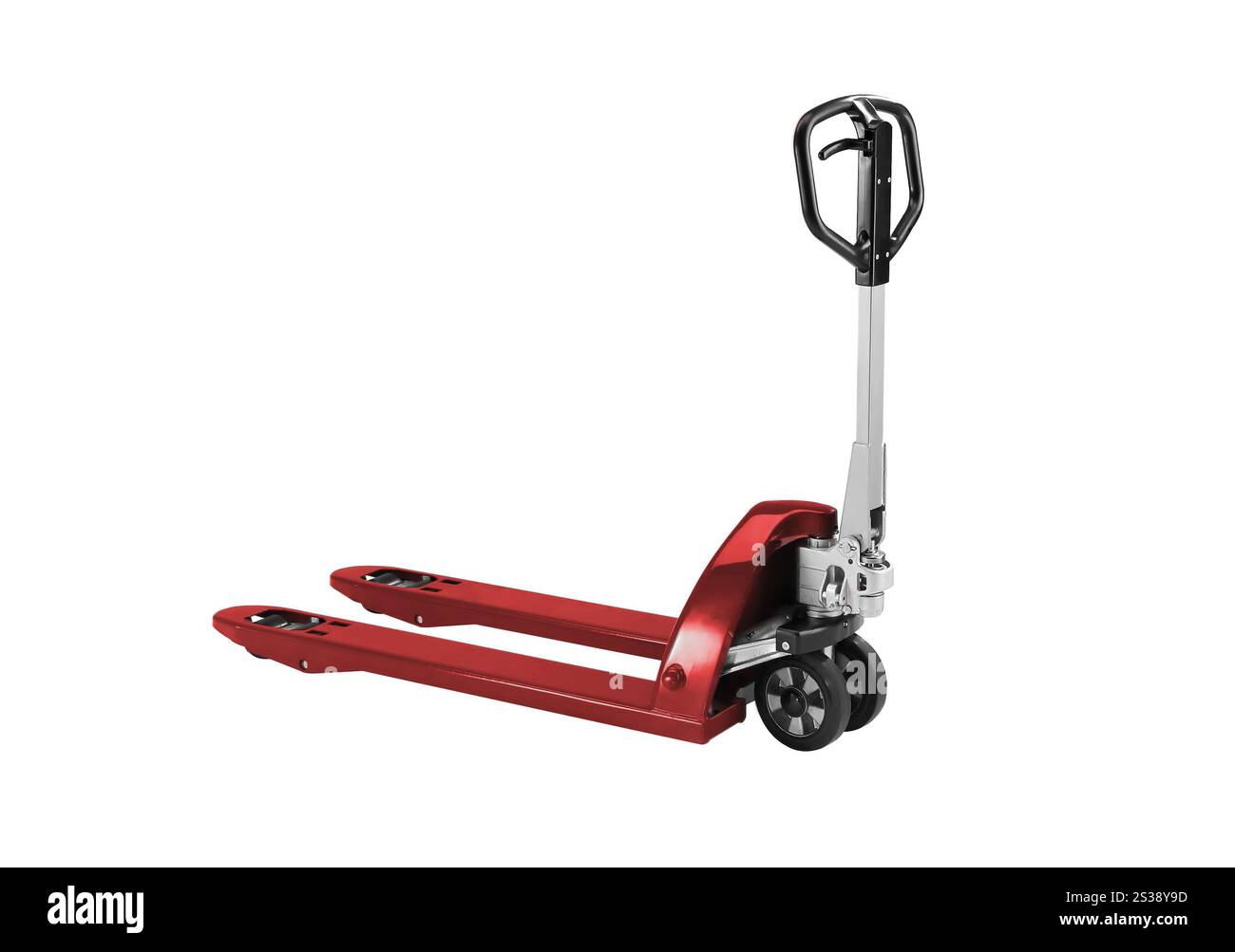 Red and silver manual pallet jack positioned against a pure white ...