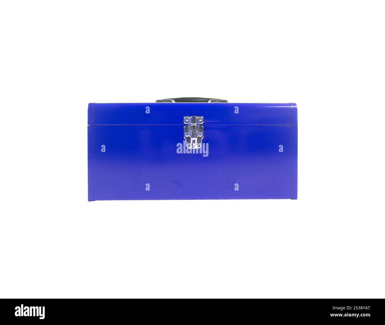Vibrant blue portable metal toolbox with a closed latch, isolated on a ...