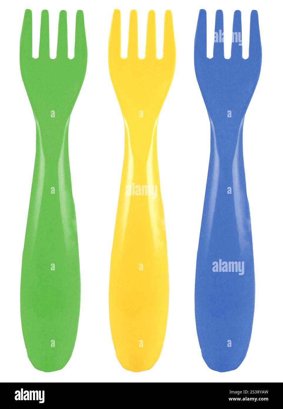 Set of three colorful plastic forks in green, yellow, and blue isolated ...