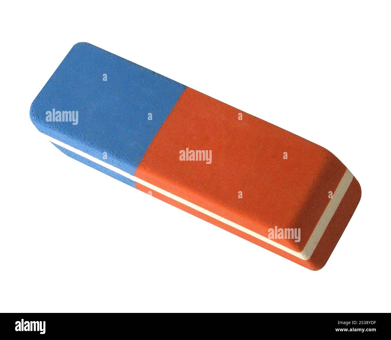 Isolated image of a two-tone eraser with blue and red sides on a white ...