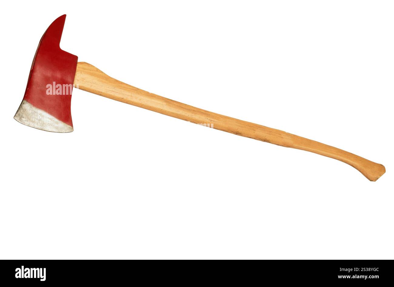 Traditional firefighters axe with a red head and a wooden handle ...