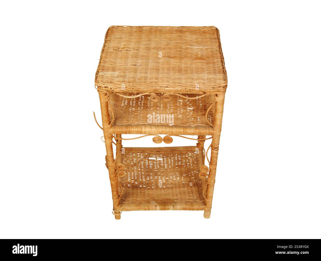 Antique wicker rattan side table with two shelves, isolated on white ...