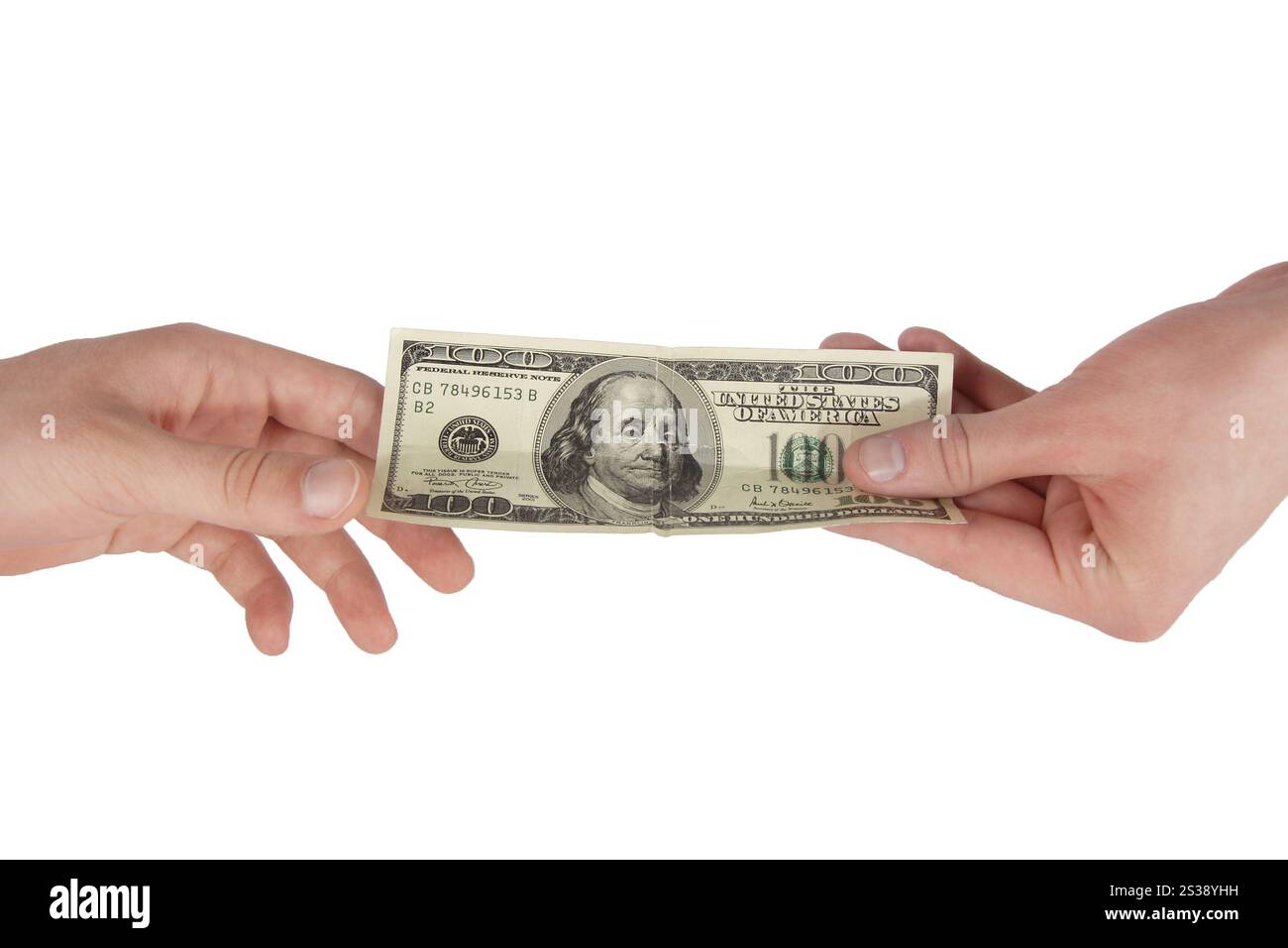 Two hands performing a cash transaction with a 00 bill, isolated on ...