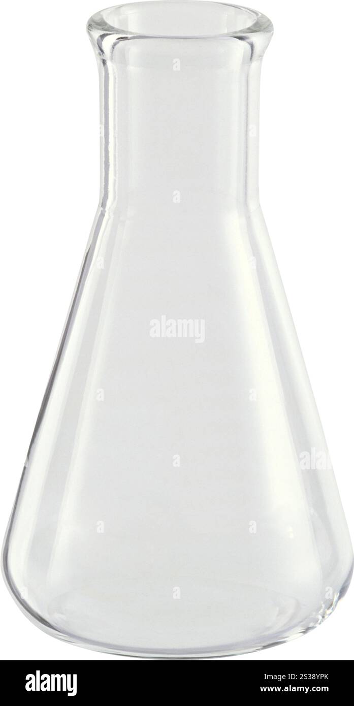 Clean, transparent erlenmeyer flask isolated on a pure white backdrop ...