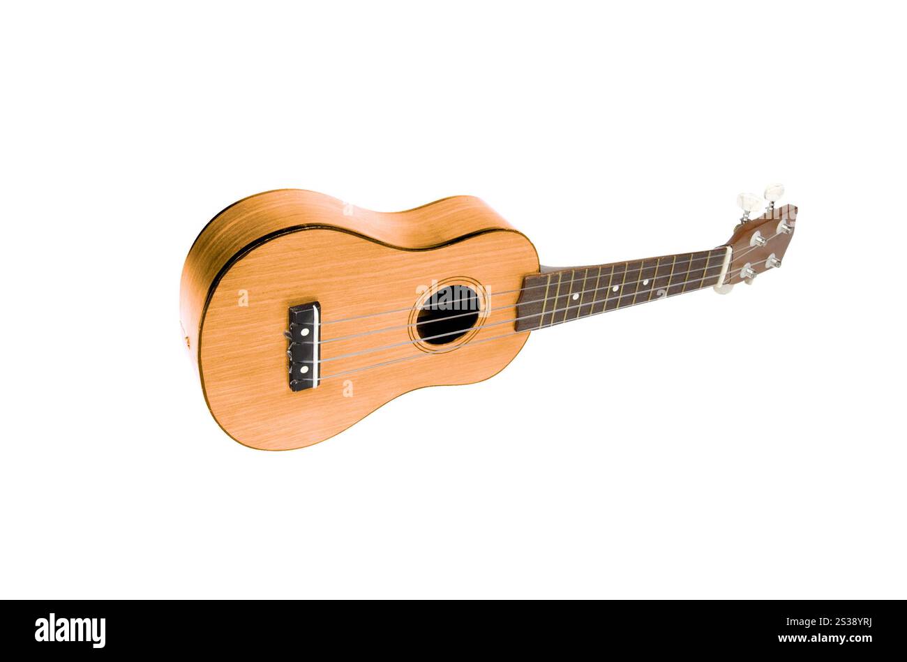 Traditional wooden ukulele floats against a pure white backdrop ...