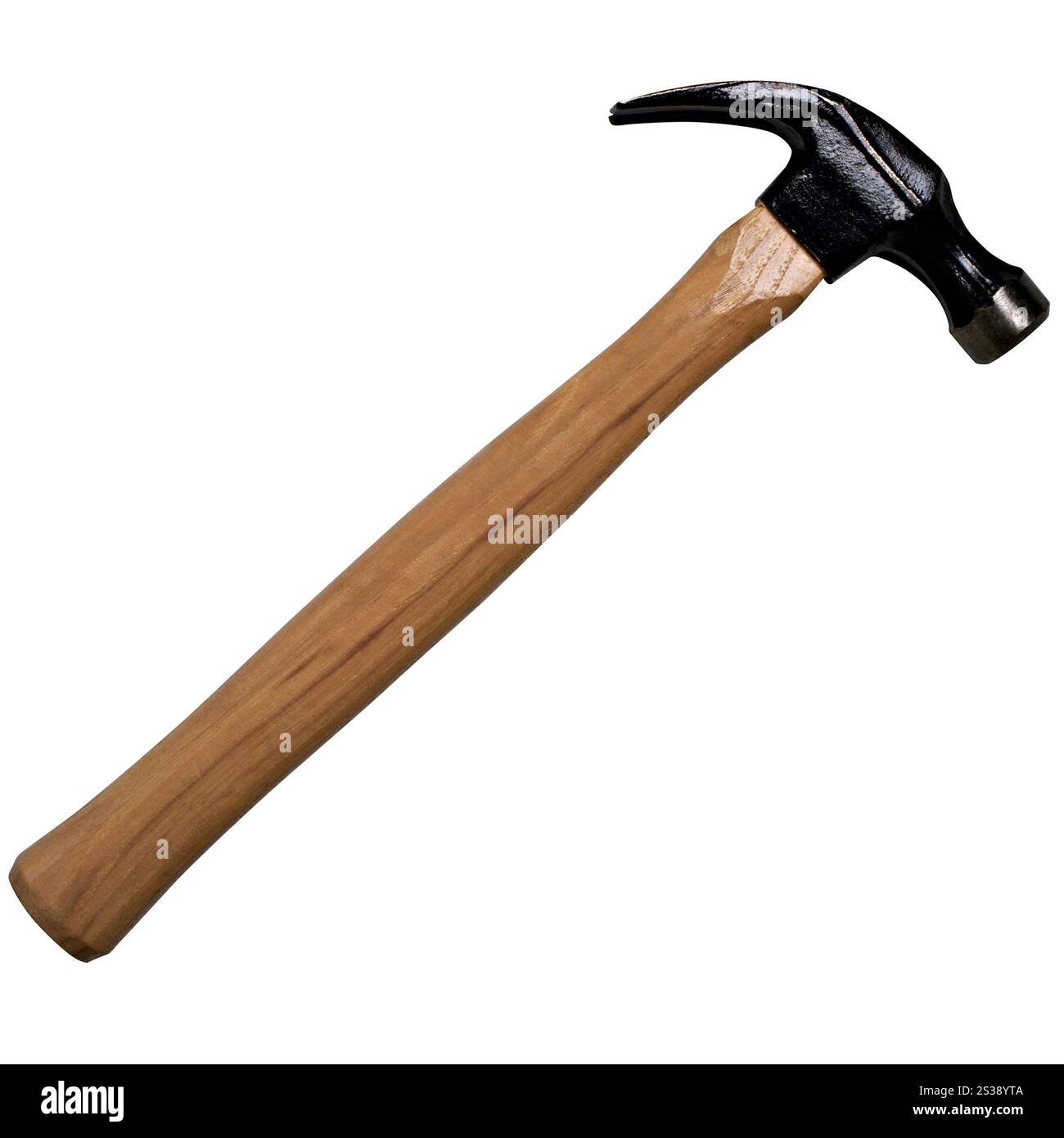 Standard claw hammer with a wooden handle and steel head on a white ...