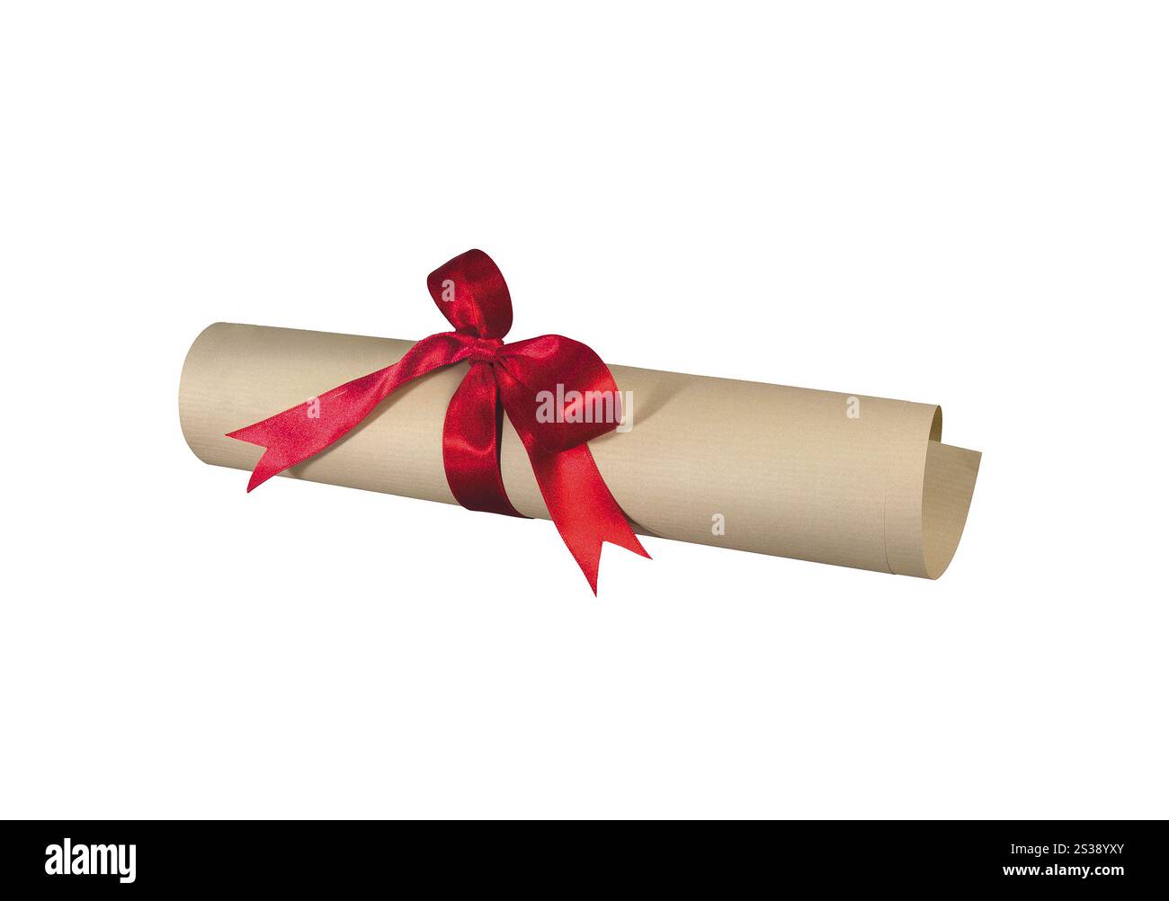 Parchment diploma scroll tied with a glossy red ribbon on a white ...