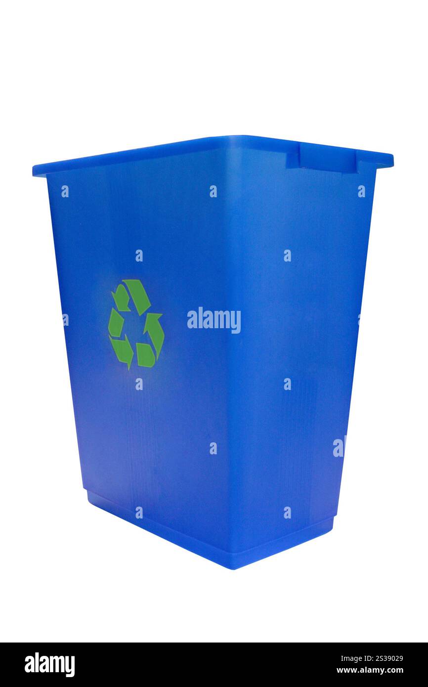 Vibrant blue recycling bin with recycle symbol, isolated on a pure ...