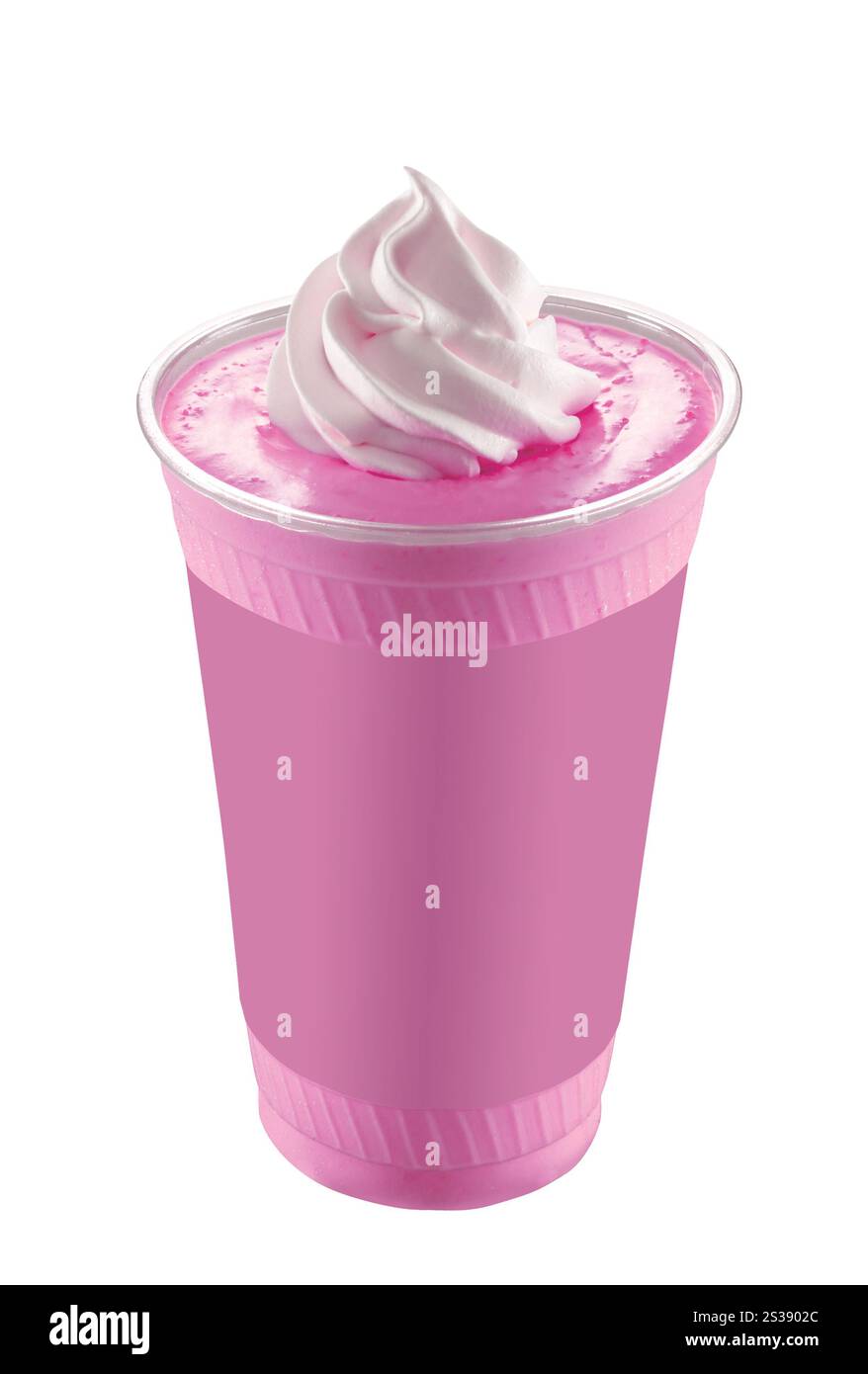 Refreshing strawberry milkshake in a pink cup, topped with a swirl of ...