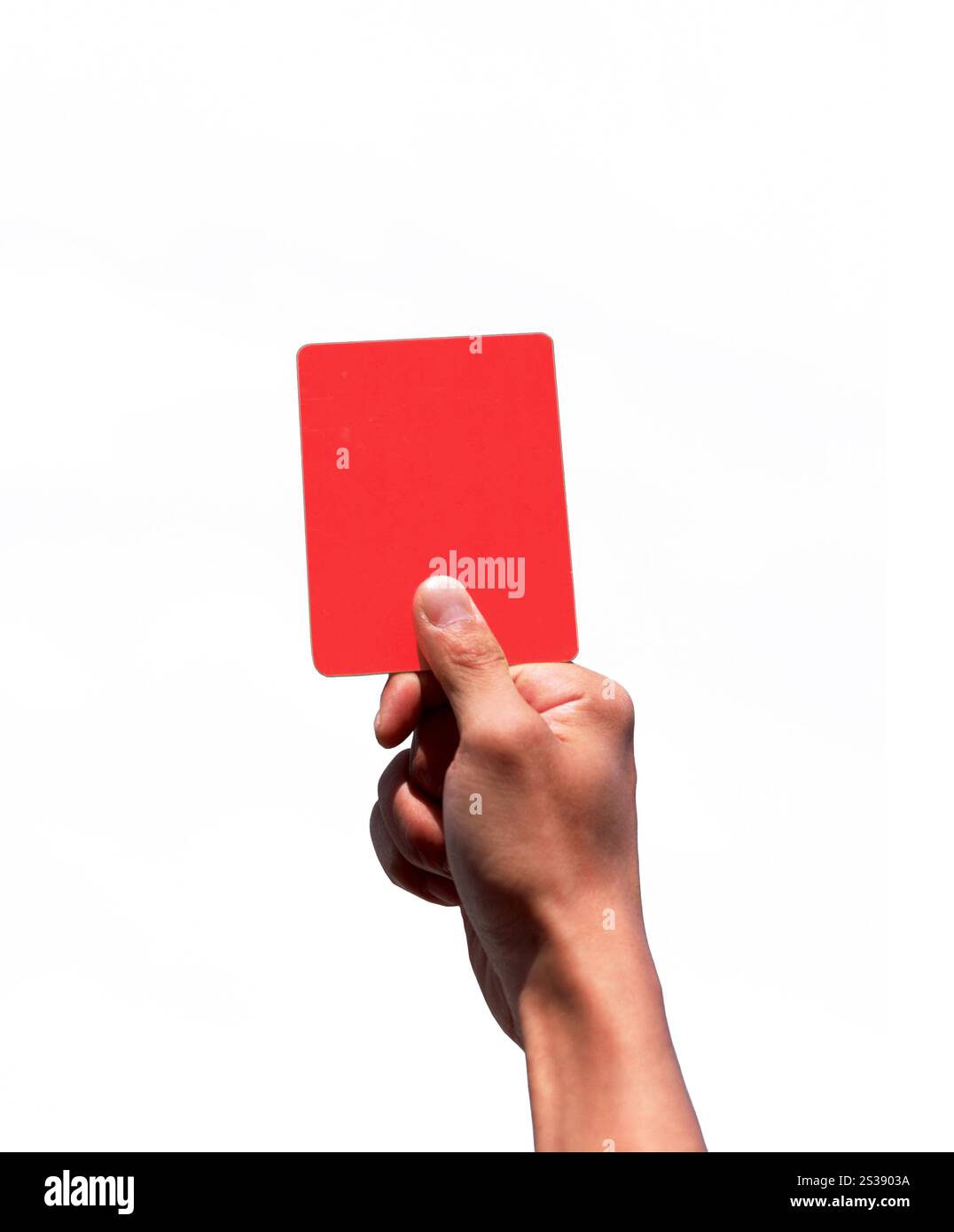 Close-up of a hand presenting a blank red card, isolated on white. Hand ...
