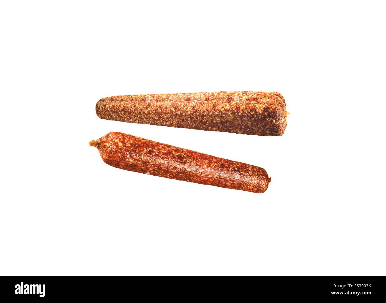 Two types of cured salami sticks floating against a white backdrop ...
