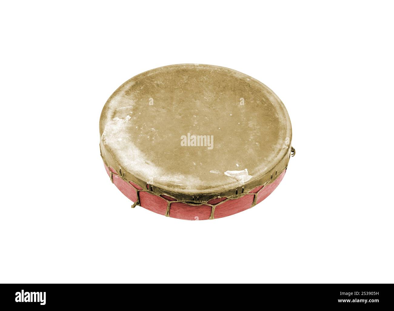 Old-fashioned, leather-bound drum with visible age marks on a clean ...