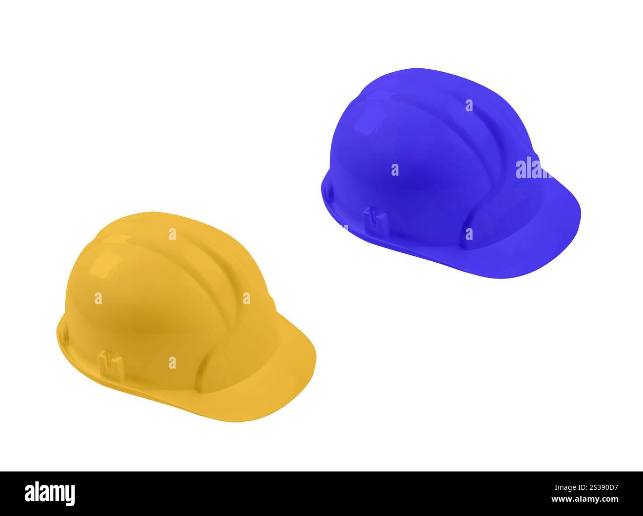 Yellow and blue safety helmets on white Stock Photo - Alamy