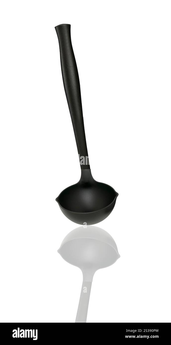 Black plastic soup ladle, isolated on white Stock Photo - Alamy