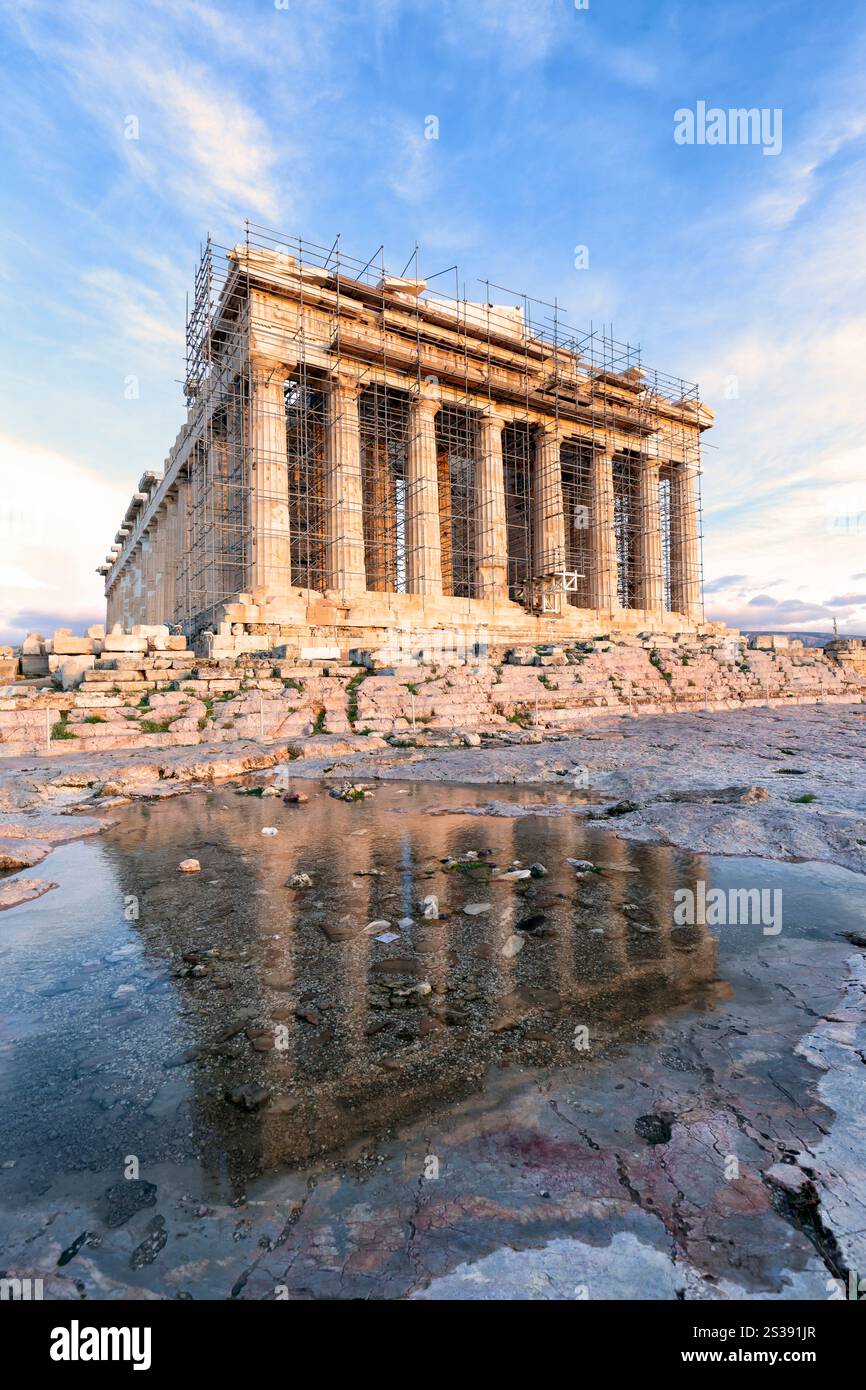 The ruins of an ancient greek temple. Parthenon on the Acropolis in Athens, Greece on a sunset ...