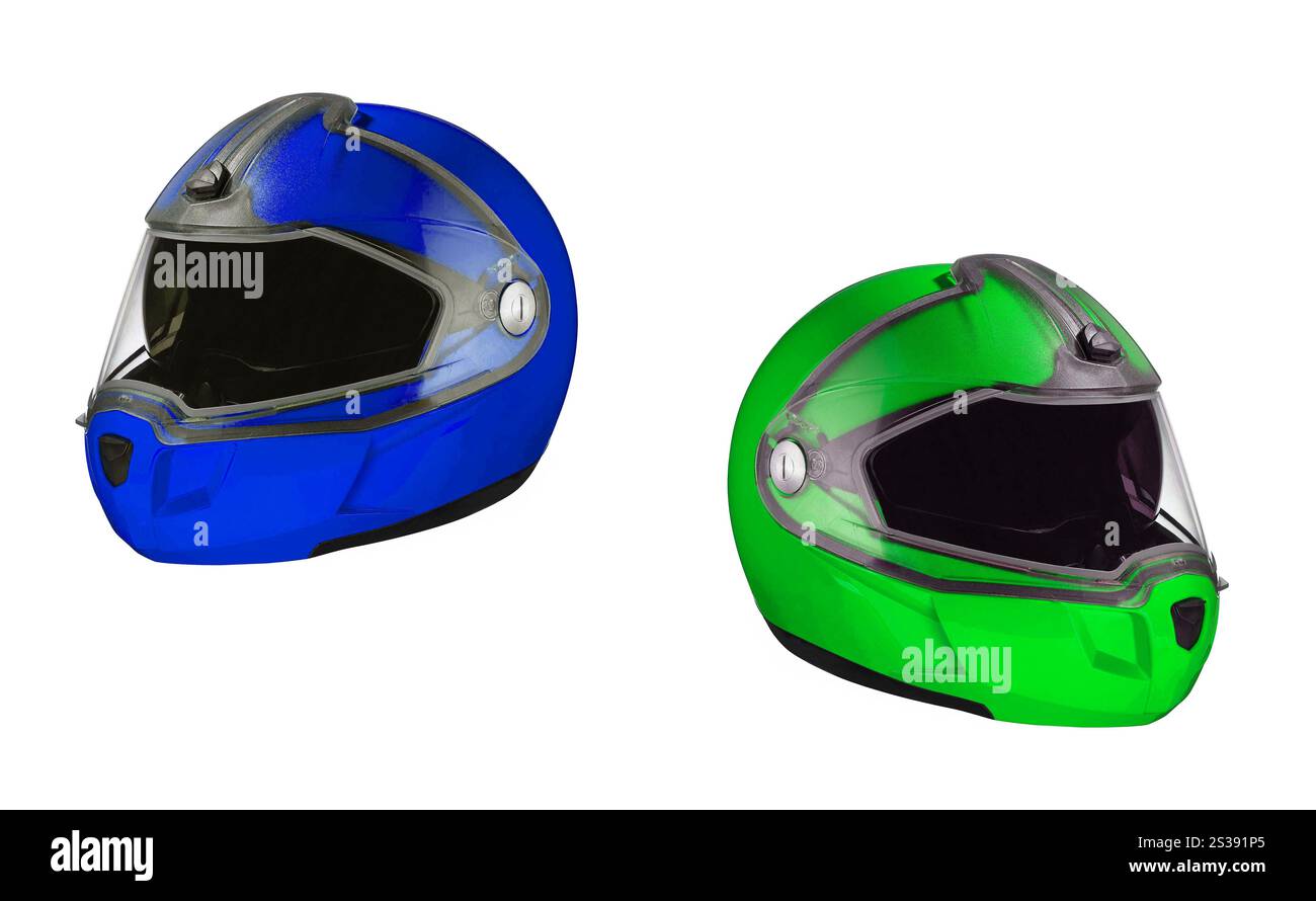 green and blue shiny motorcycle helmets Isolated on white background ...