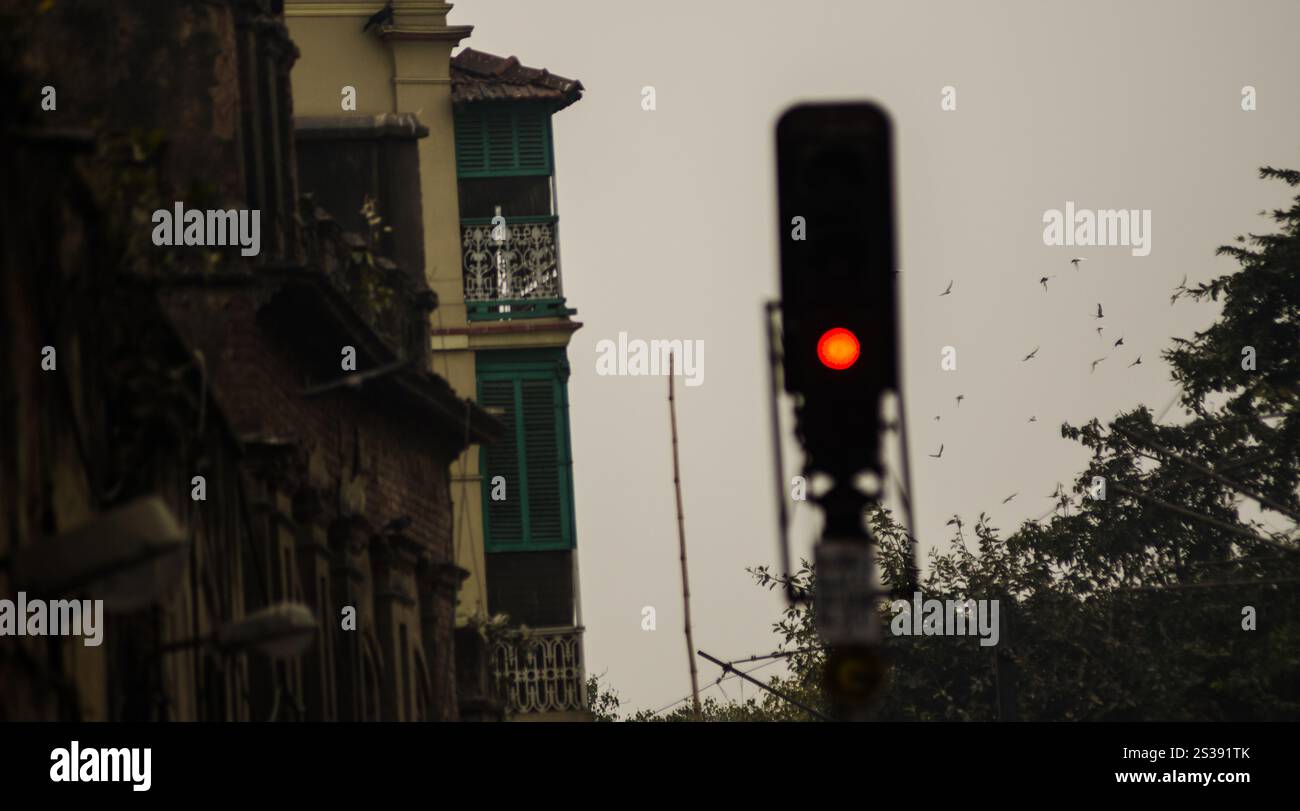 Traffic light displays red signaling vehicles to stop in a quiet urban ...