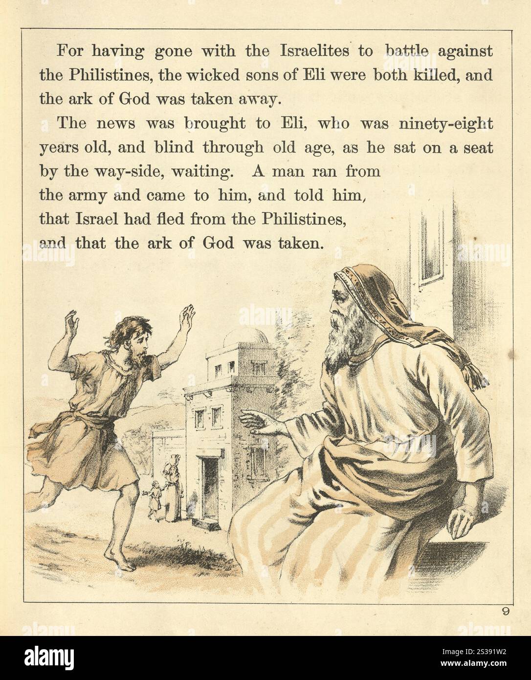 Vintage illustration of Biblical, Eli being informed that Israel had ...