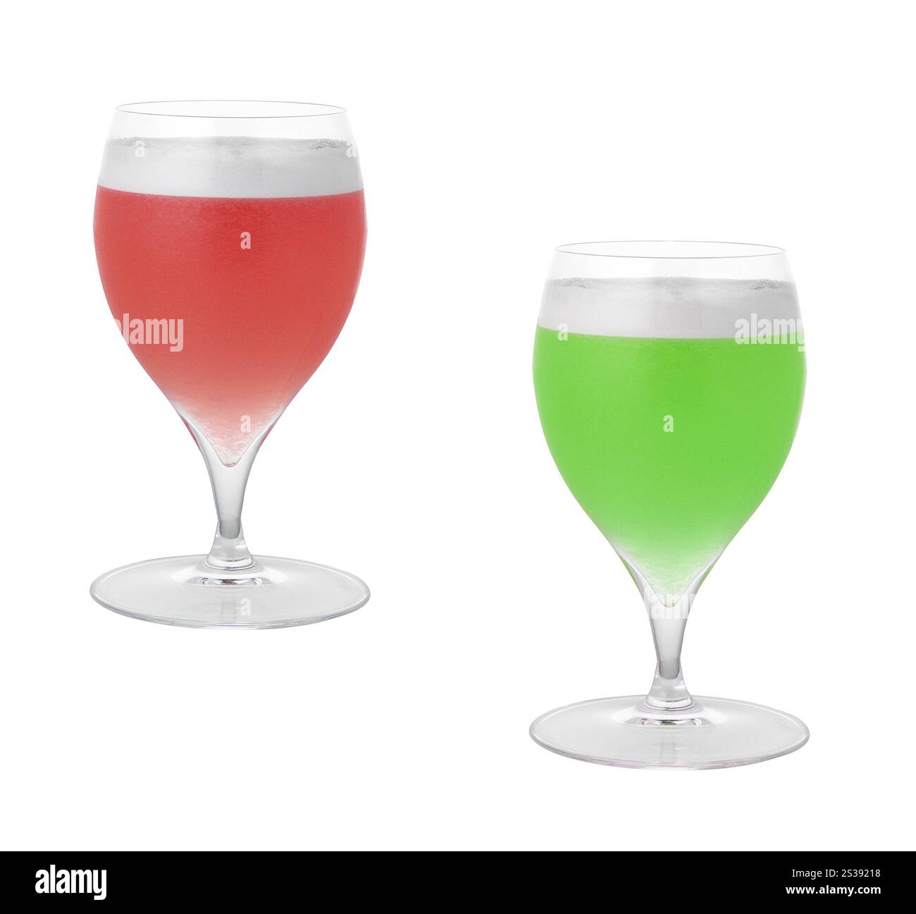 Red and green cocktails isolated on white. Red and green cocktails ...