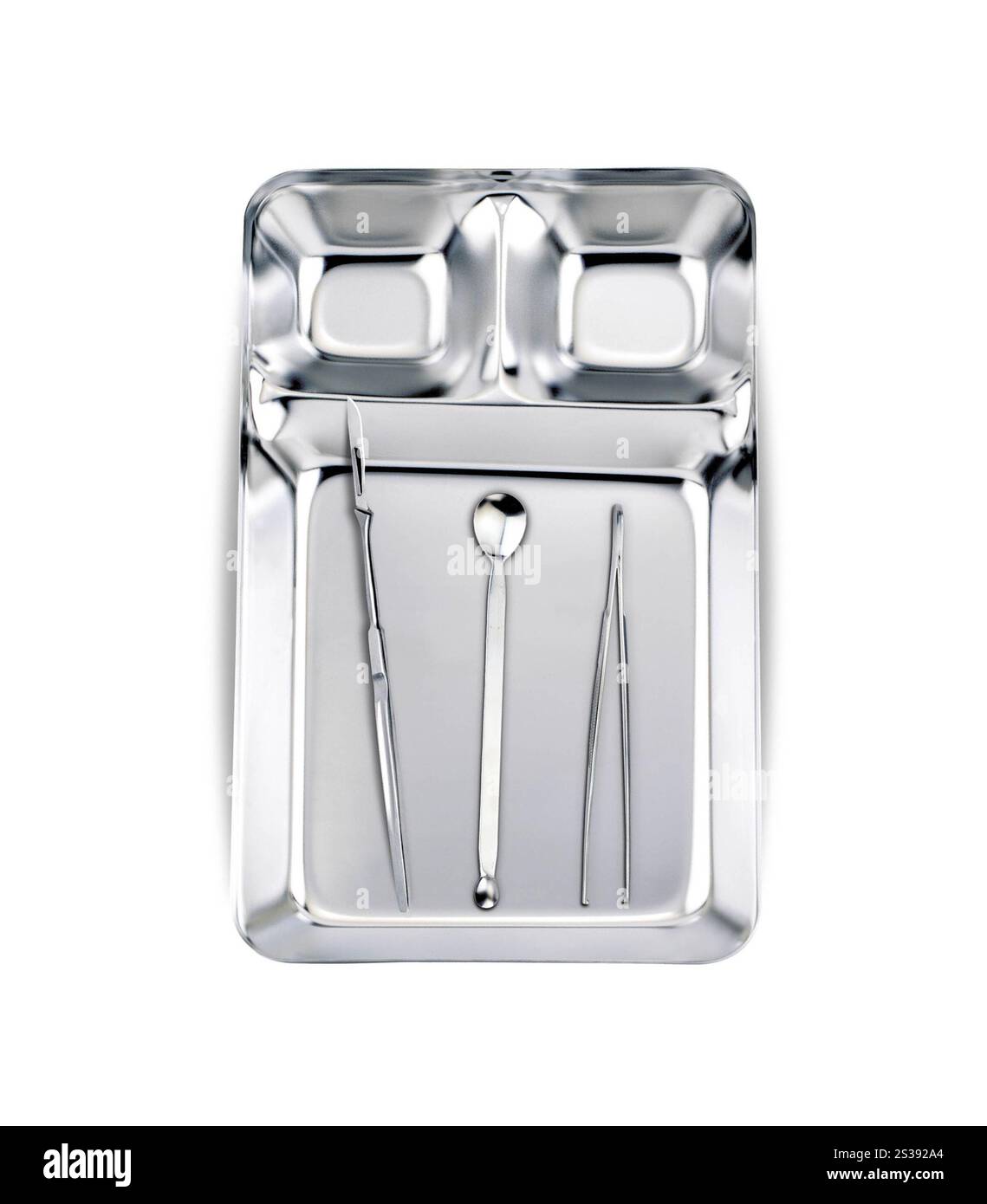 Medical instruments in a steel tray isolated on white background ...