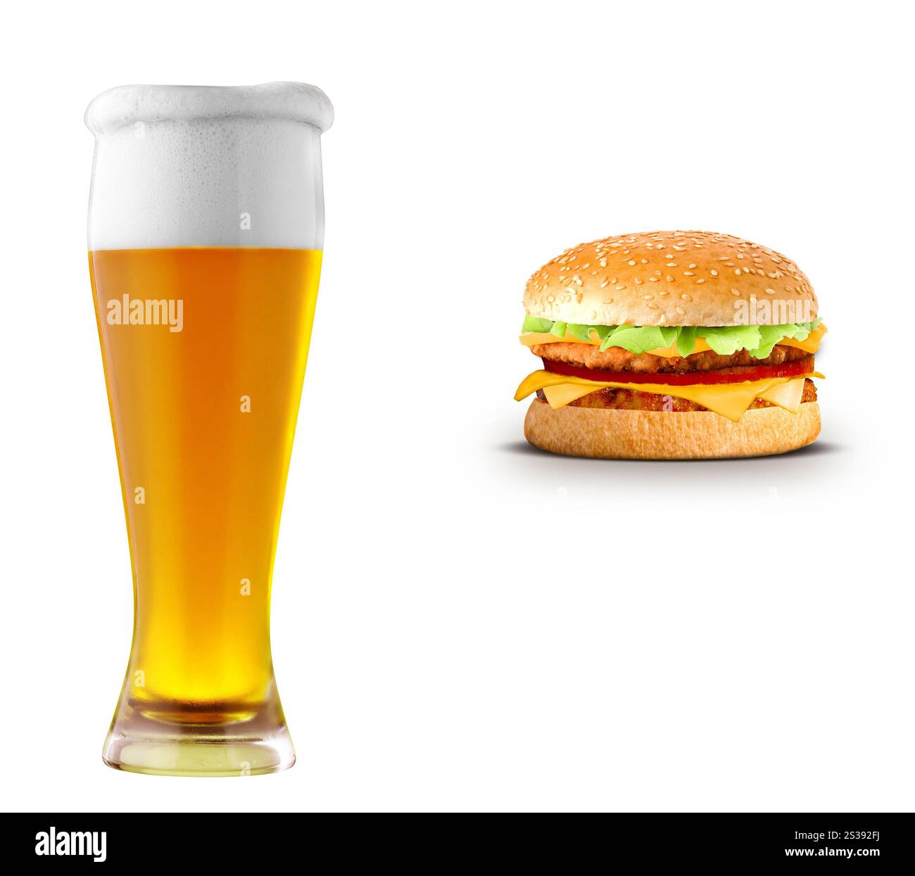 Glass of beer with cheeseburger isolated on white background. Glass of ...