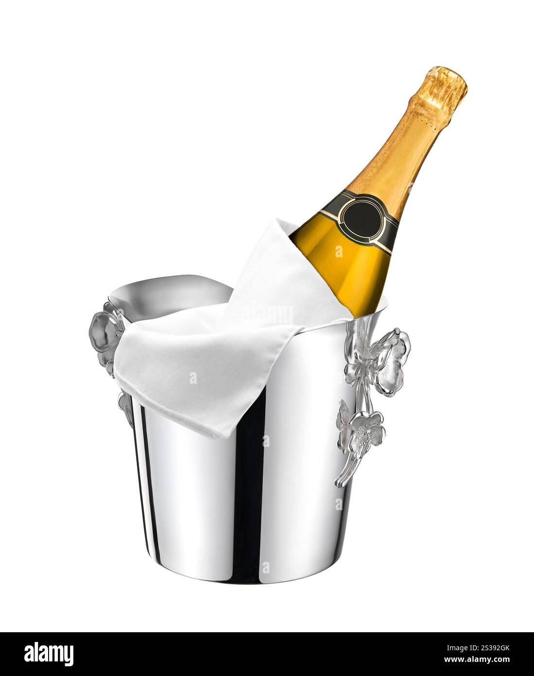 Champagne bottle in a bucket with ice isolated. Champagne bottle in a ...