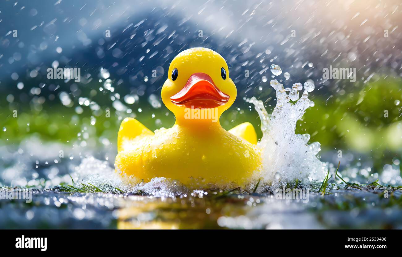 A bright yellow rubber ducky joyfully splashes in a small puddle of ...