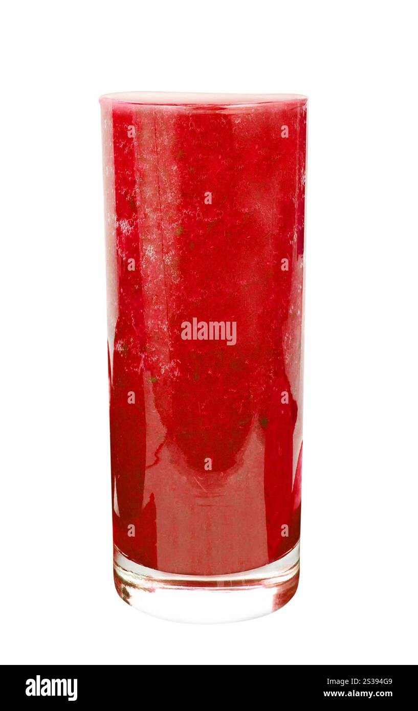 Strawberry flavor aerated drinks whit soda and ice in glass isolated on ...