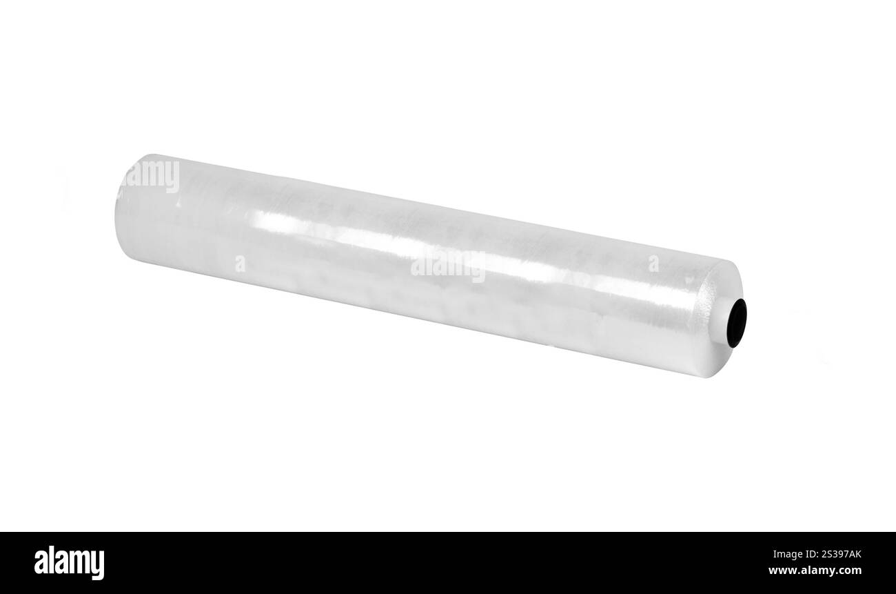 Roll of wrapping plastic stretch film on white background Stock Photo ...