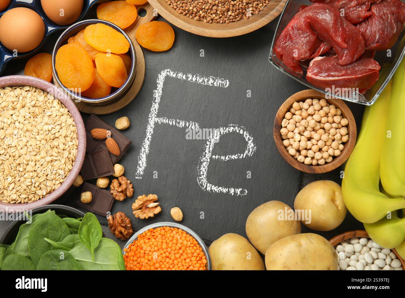 Diet plan for anemia. Different products rich in iron and slate board ...