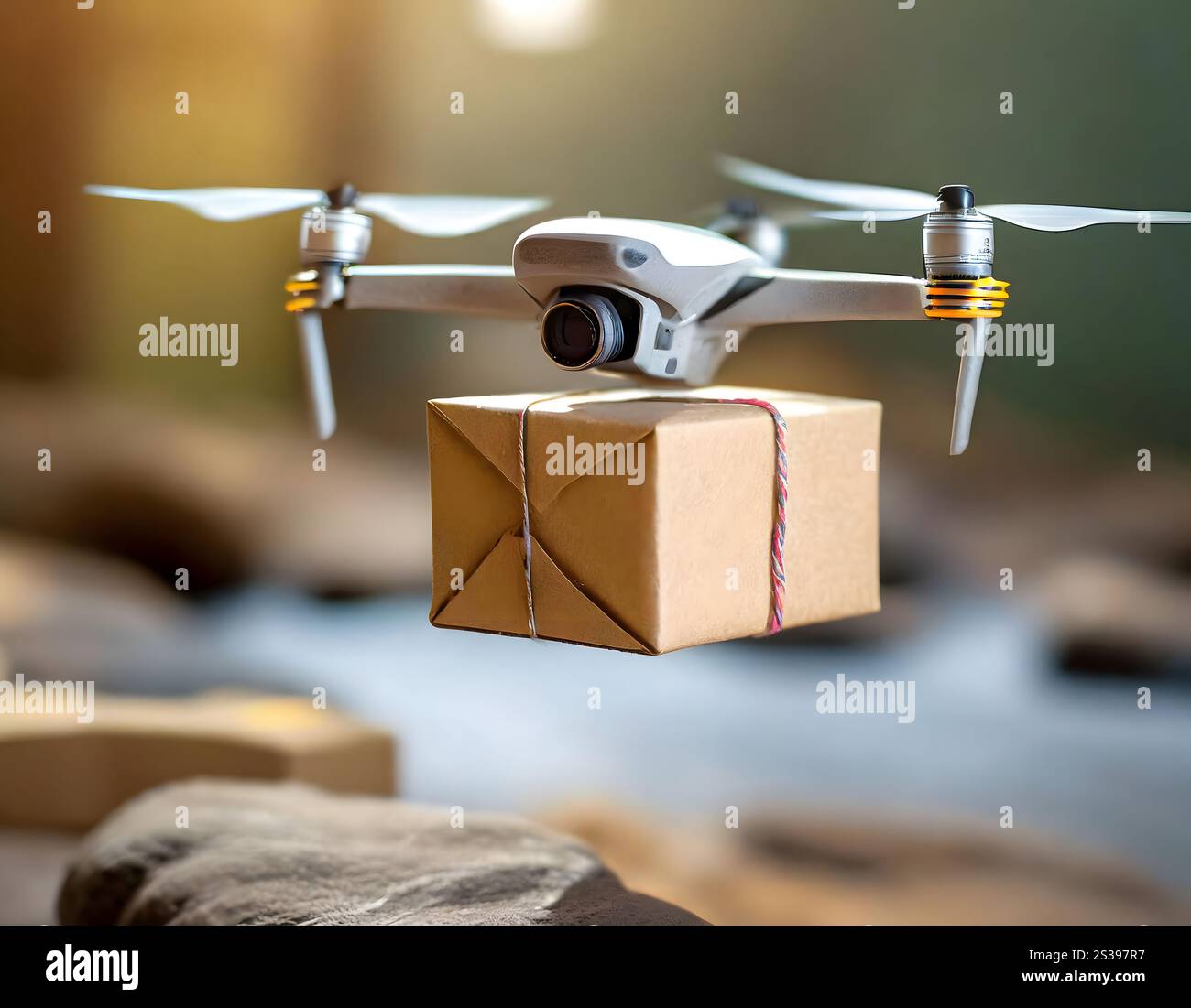 Drone flies and carries a cardboard box. Air transportation of cargo ...