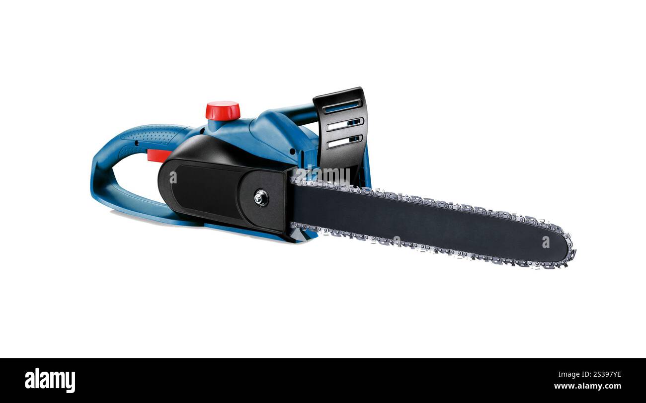 Blue chain saw on a white background. Blue chain saw Stock Photo - Alamy