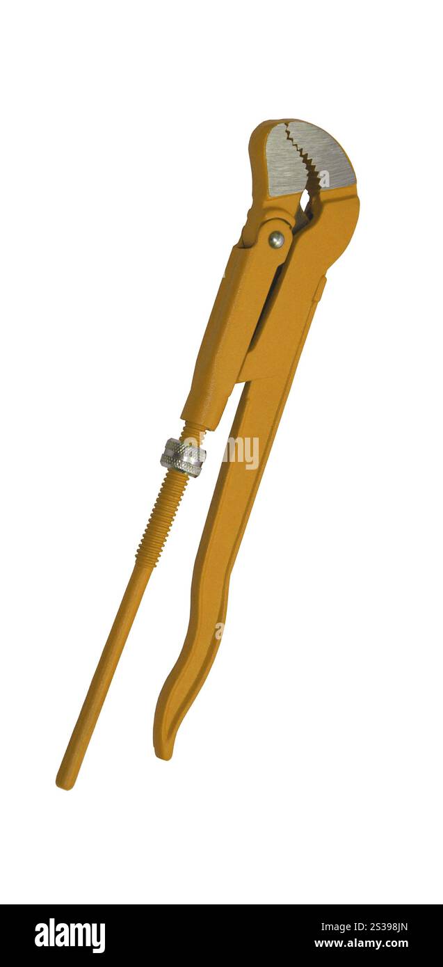 Yellow monkey wrench used for plumbing isolated on a white background ...