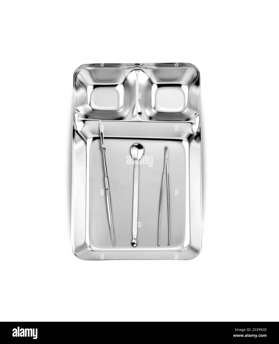 Medical instruments in a steel tray isolated on white background ...