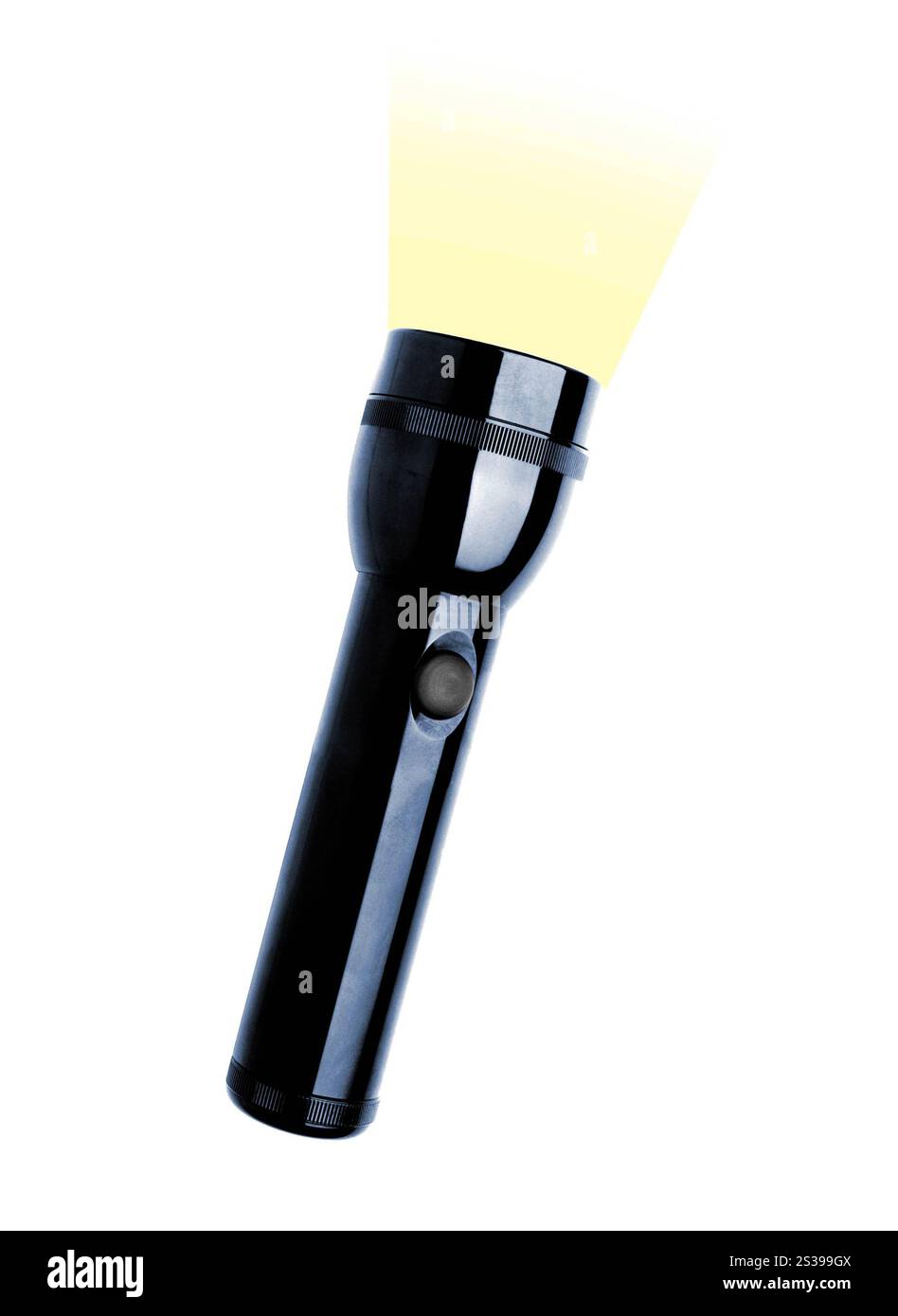 Black metal flashlight isolated on white background. Black metal ...