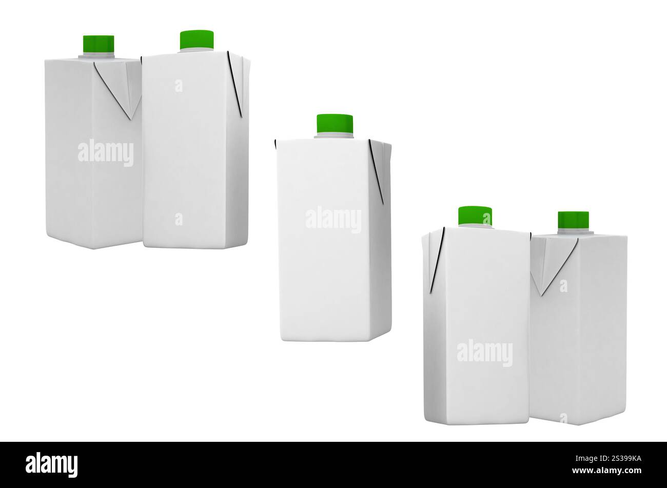 three blank tetra-brick packaging isolated on white background. three ...