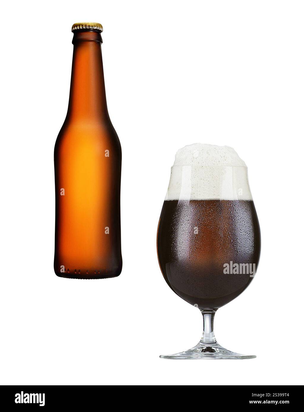 glass of brown beer on white background. bottle glass of brown beer on ...