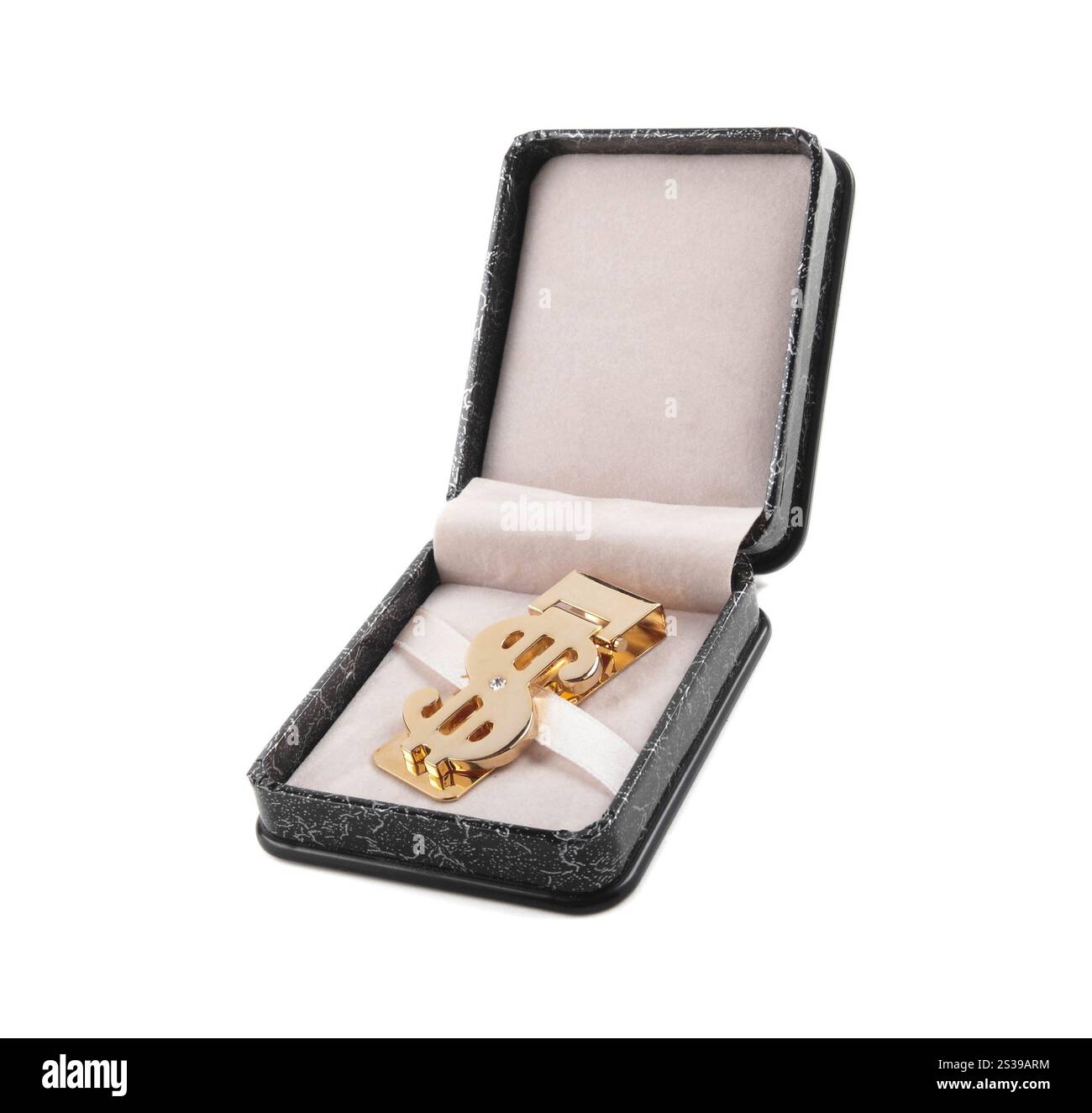golden clip in box isolated on white background. golden clip in box ...