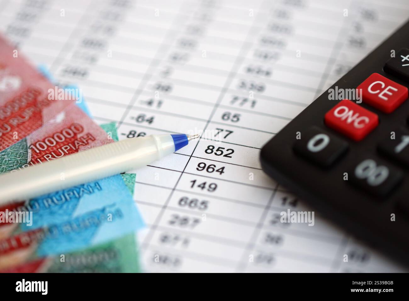 Business calculations with indonesian rupiah money bills and calculator ...