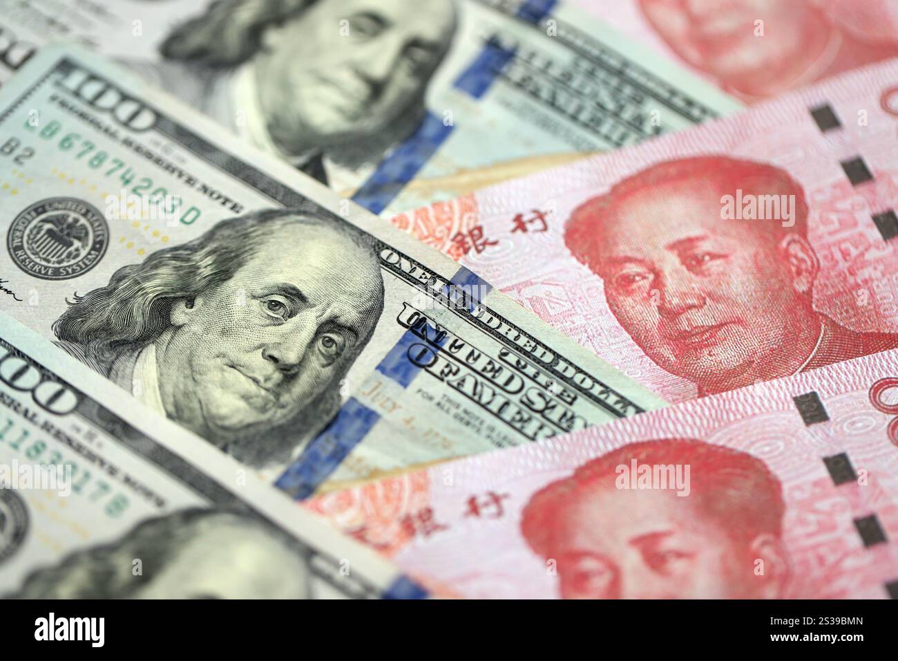 Many money bills of People Republic of China and United States. PRC ...