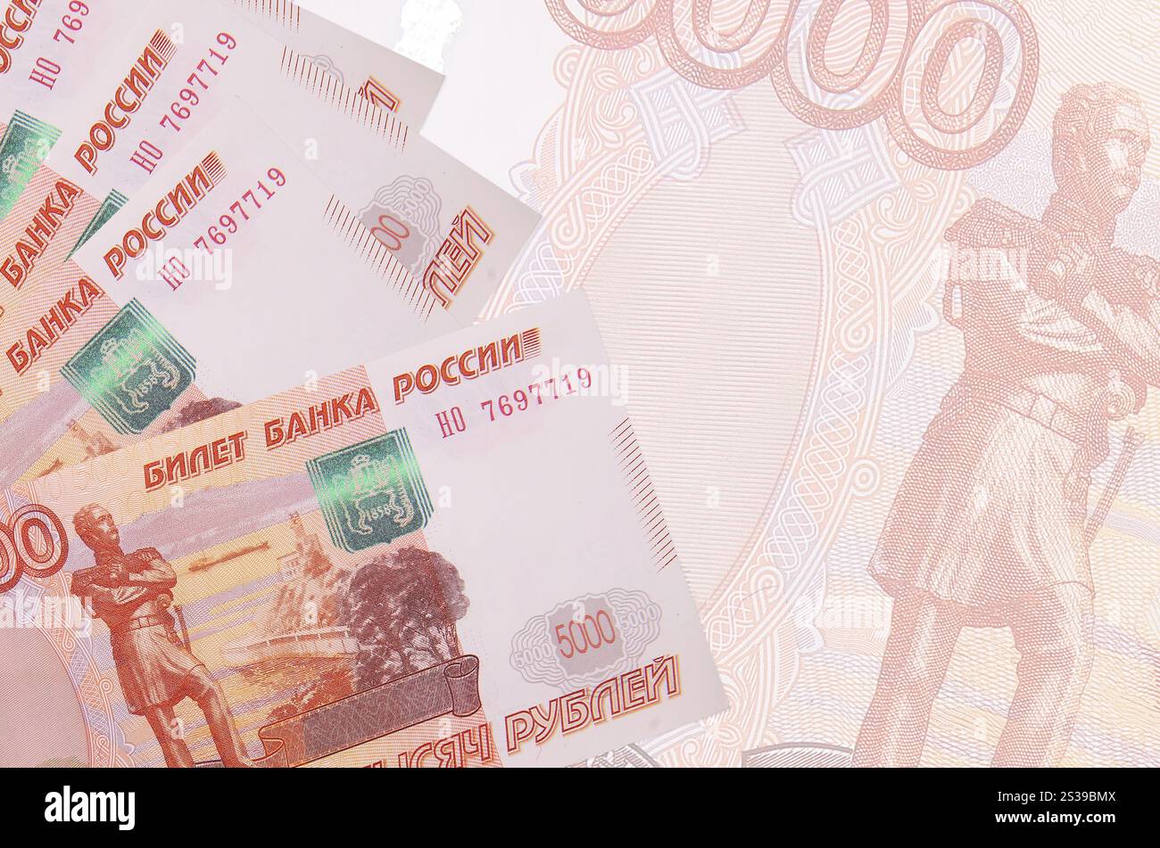 5000 russian rubles bills lies in stack on background of big semi ...