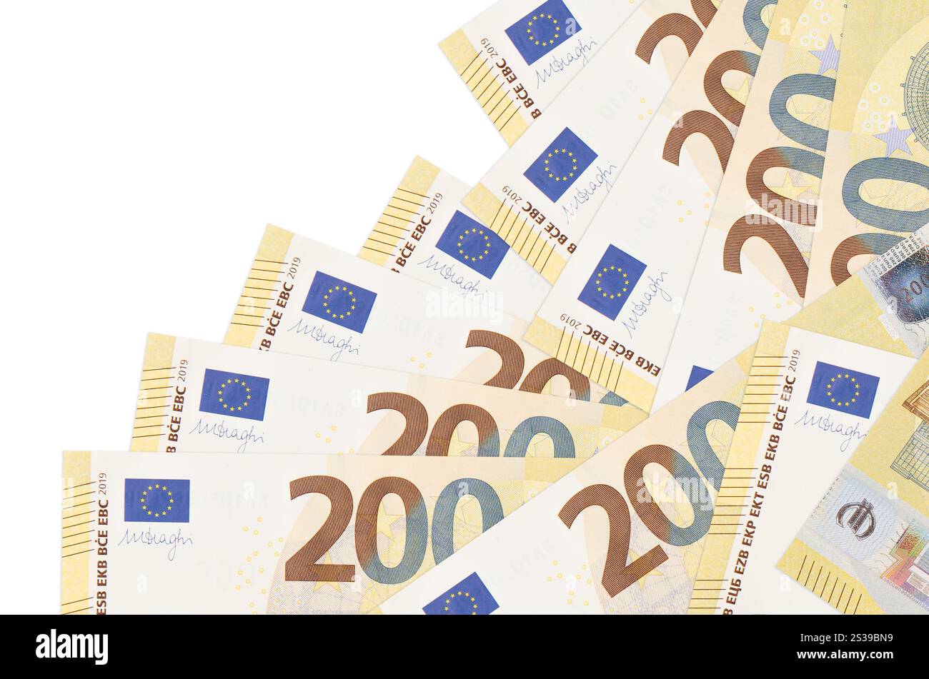 200 euro bills lies in different order isolated on white. Local banking ...