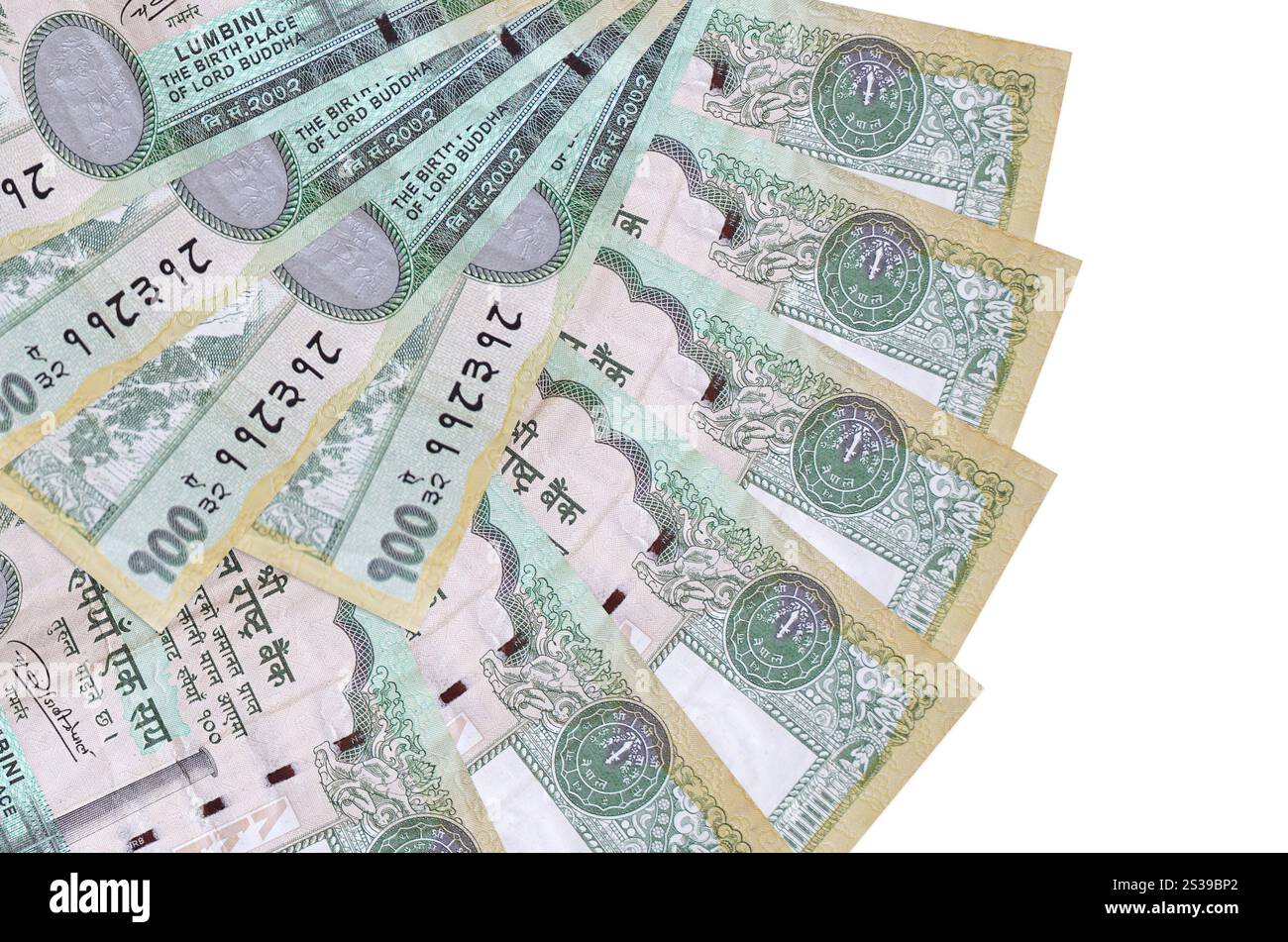 100 Nepalese rupees bills lies isolated on white background with copy ...