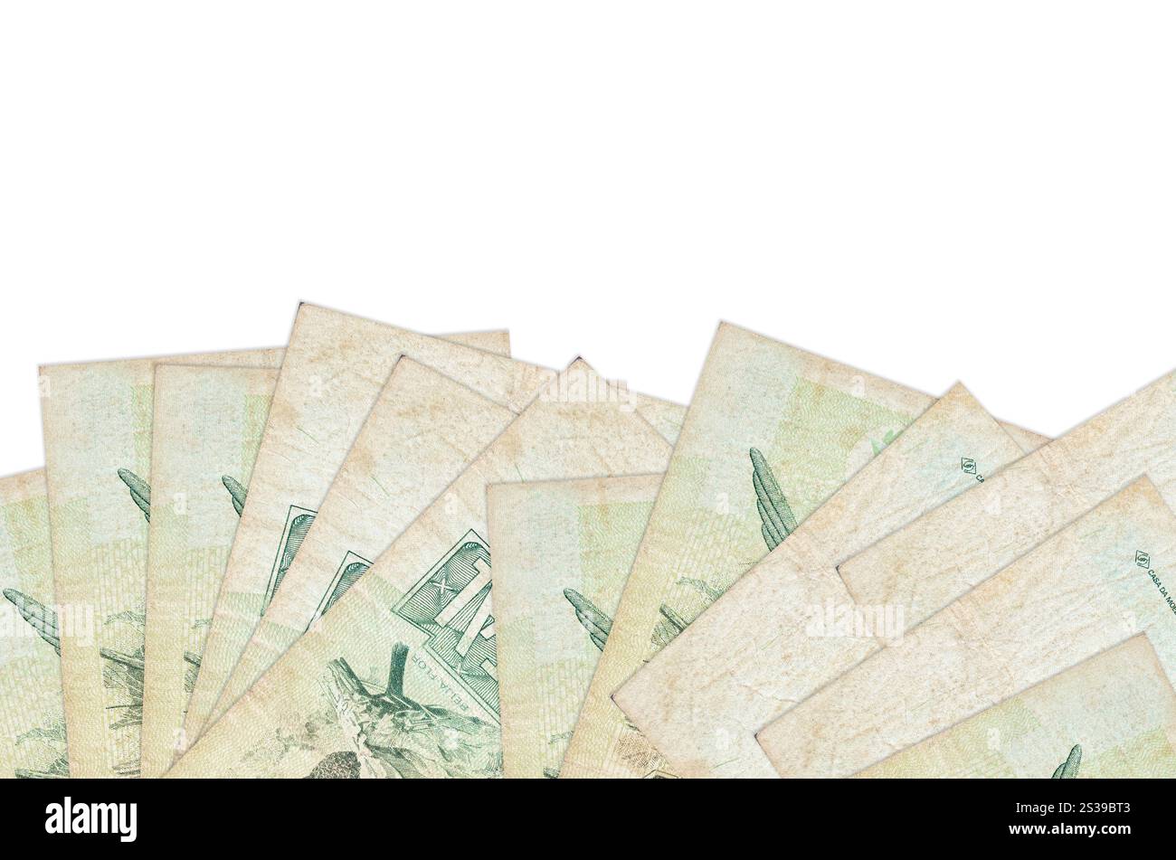 1 Brazilian real bills lies on bottom side of screen isolated on white ...