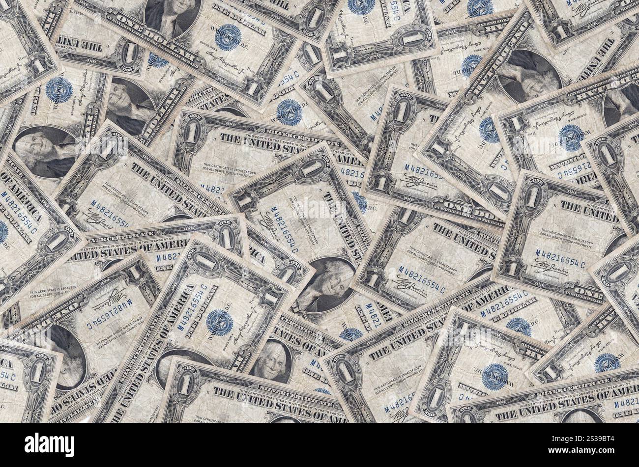 1 US dollar bills lies in big pile. Rich life conceptual background ...