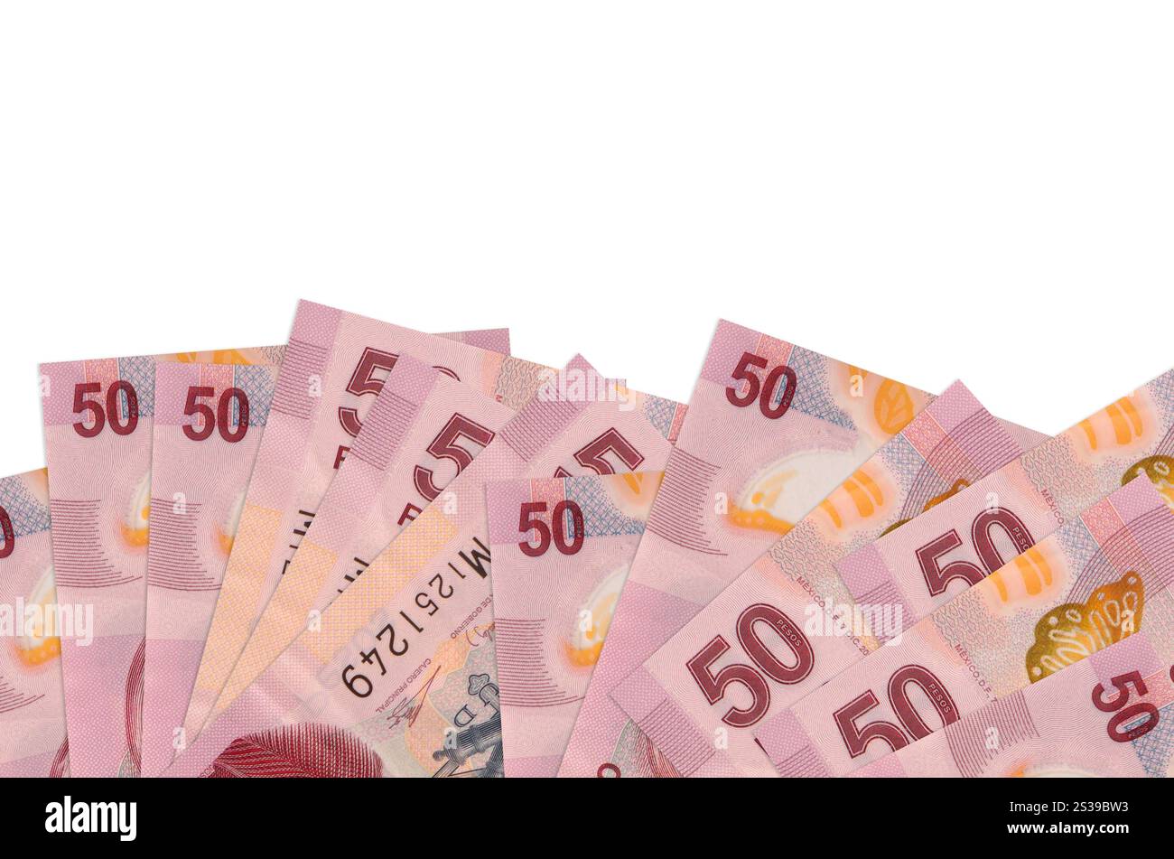 50 Mexican pesos bills lies on bottom side of screen isolated on white ...