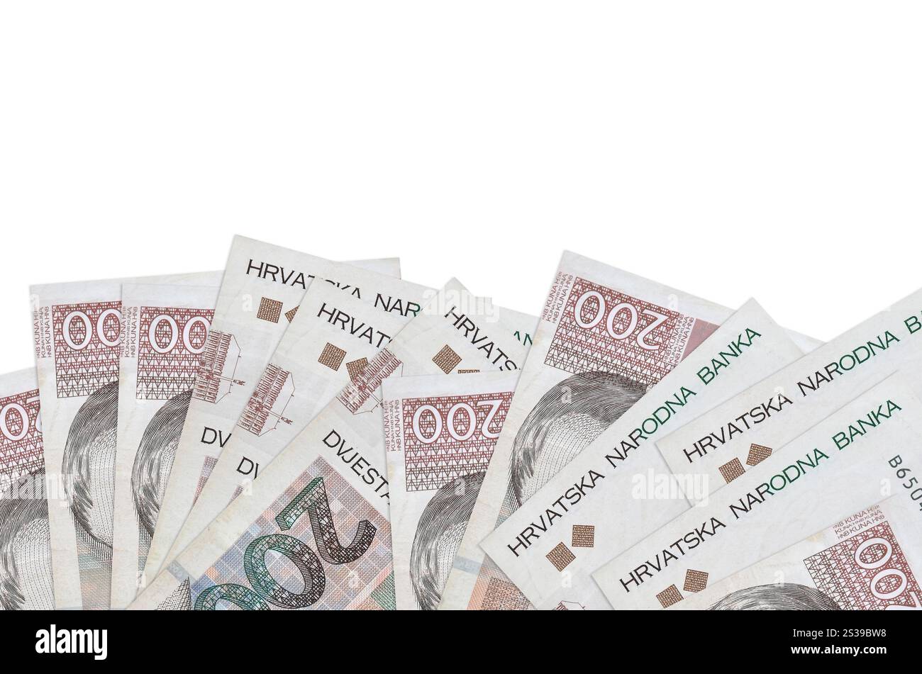200 Croatian kuna bills lies on bottom side of screen isolated on white ...