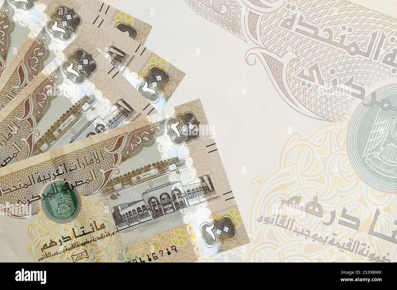 200 UAE dirhams bills lies in stack on background of big semi ...