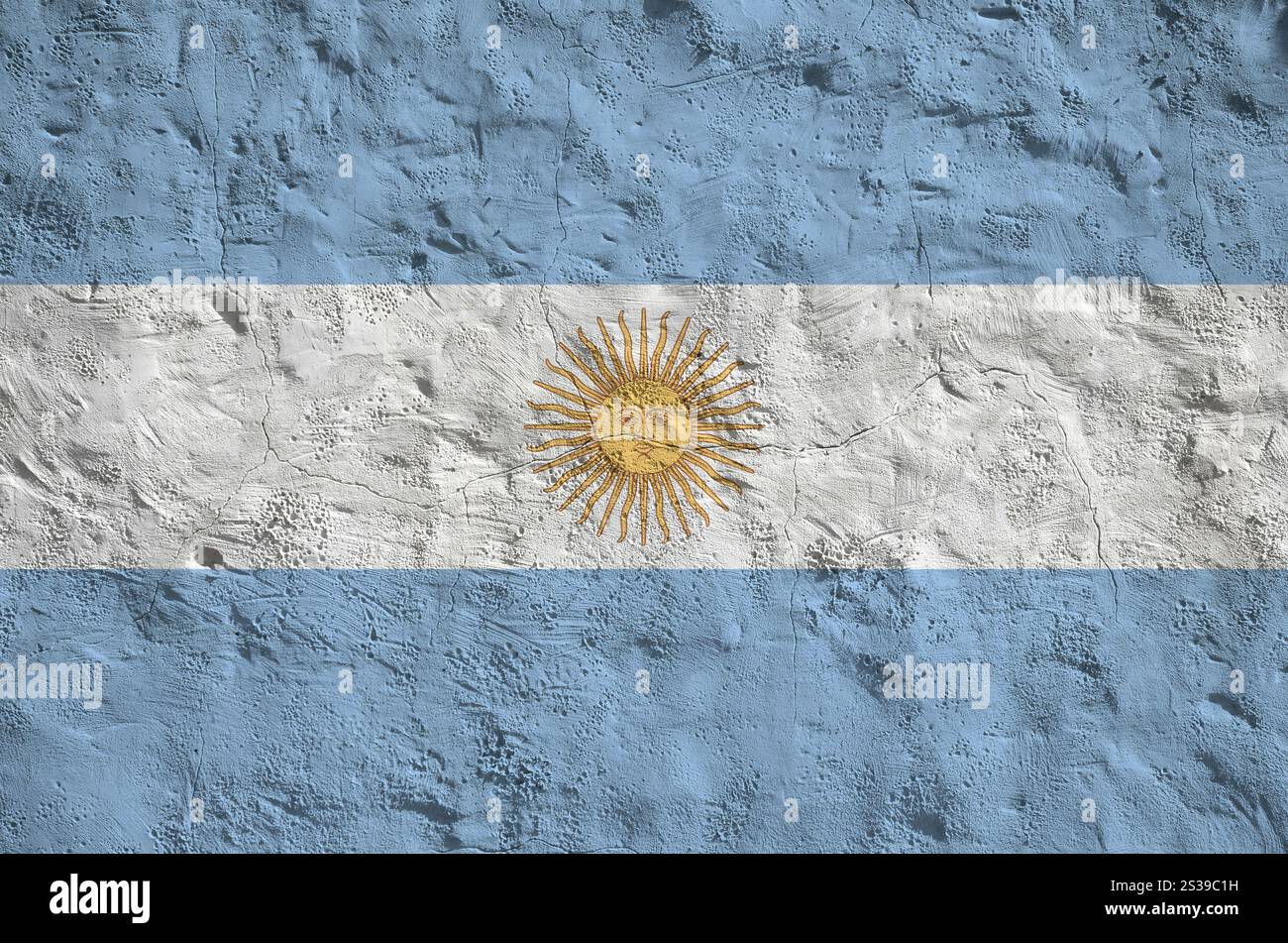 Argentina flag depicted in bright paint colors on old relief plastering ...